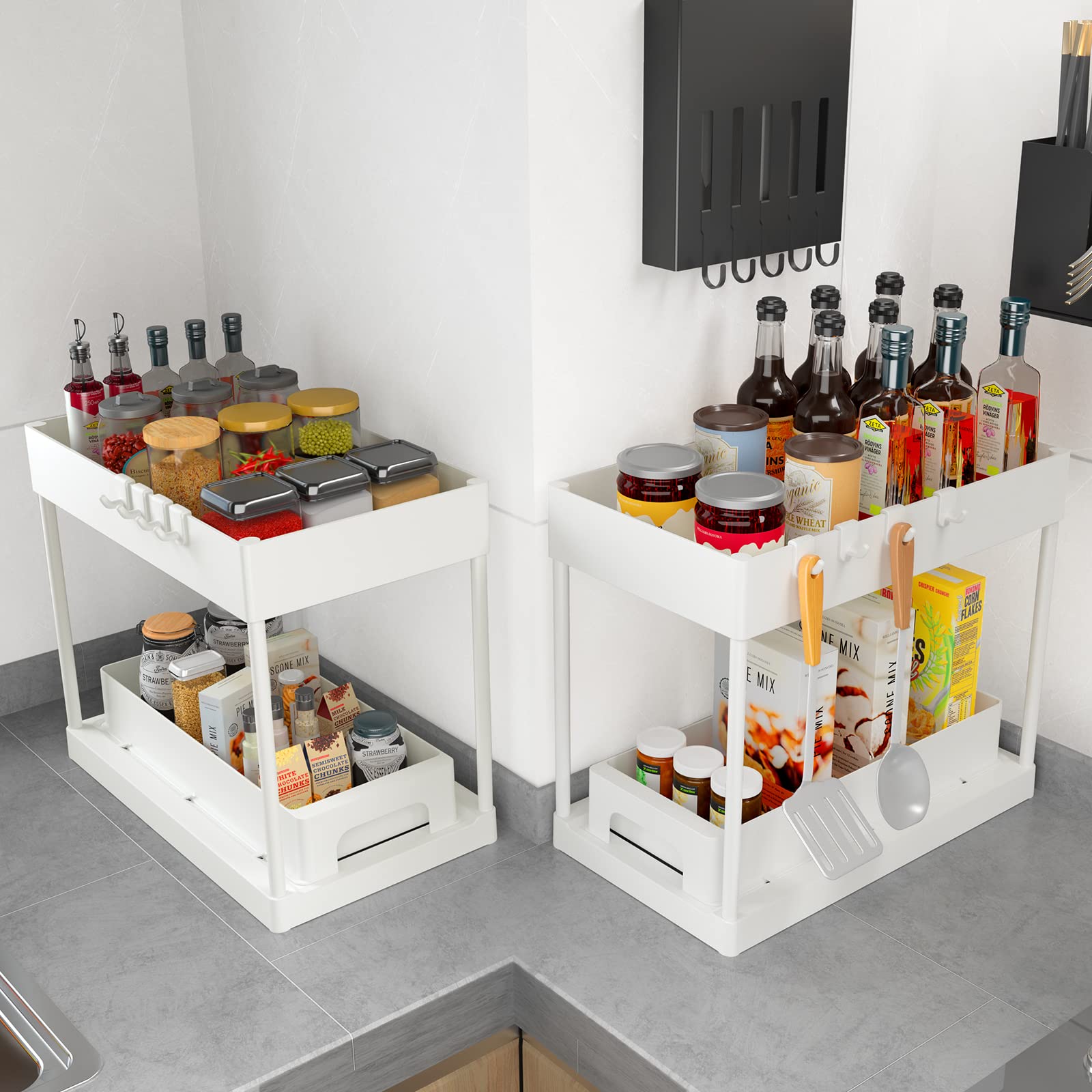 Under Sink Organizers and Storage,2 Tier Under Bathroom Storage Rack with 4 Hooks,Multi-purpose Storage Shelf for Bathroom Kitchen(White)