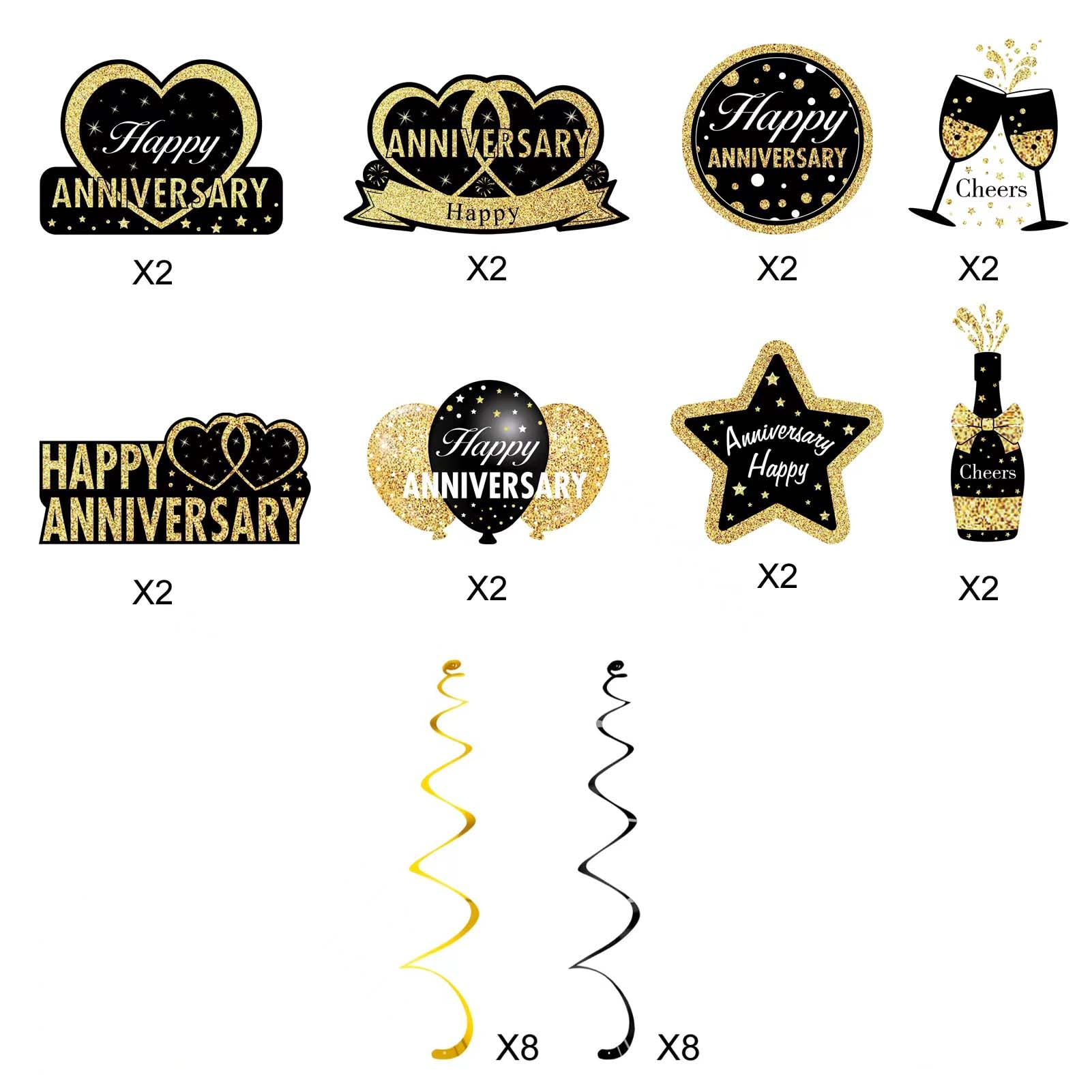 Luxiocio 30Pcs Happy Wedding Anniversary Hanging Swirls Decorations, Black Gold Anniversary Theme Hanging Sign Party Supplies, 10th 20th 25th 30th 40th 50th 60th Anniversary Party Ceiling Decor