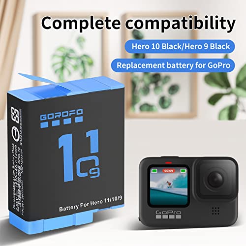 GOROFO Battery 3 Pack, Suitable for GoPro Hero 9, Hero 10, and Hero 11, Black 3-Channel USB Intelligent Color Display Fast Charger Fully Compatible with GoPro Hero 11/10/9 Battery and Charger