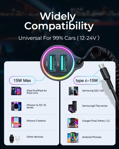 FLYLEAD Car Charger, 3.4A USB Car Charger Adapter Dual USB Car Charger with 5ft USB C Cable, Car Charger Adapter for Samsung Galaxy S22/S21/S10/iPhone/Note 20/Moto/Google Pixel 6 and More