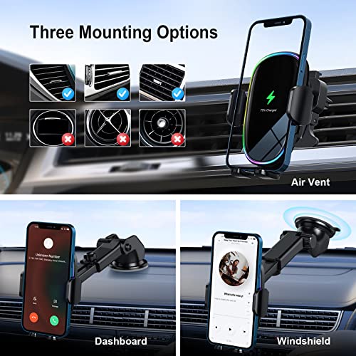 Wireless Car Charger Mount, SOARUN [Unique 7 Colors LED Dynamic Backlit] 15W Wireless Fast Charging Car Phone Holder, Auto-Clamping Wireless Car Charger for iPhone 14 Pro 13 12, Samsung S23 Ultra S22