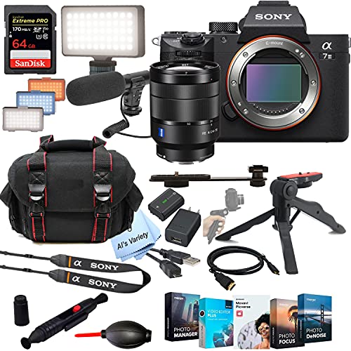 Sony Alpha a7 III Mirrorless Digital Camera with 24-70mm Lens + Shot-Gun Microphone + LED Always on Light+ 64GB Extreme Speed Card, Gripod, Case, and More (26pc Video Bundle)