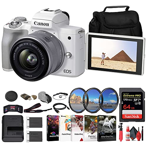 Canon EOS M50 Mark II Mirrorless Camera with 15-45mm Lens (White) (4729C004) + 64GB Memory Card + Filter Kit + Charger + LPE12 Battery + Card Reader + Corel Photo Software + Case + More (Renewed)