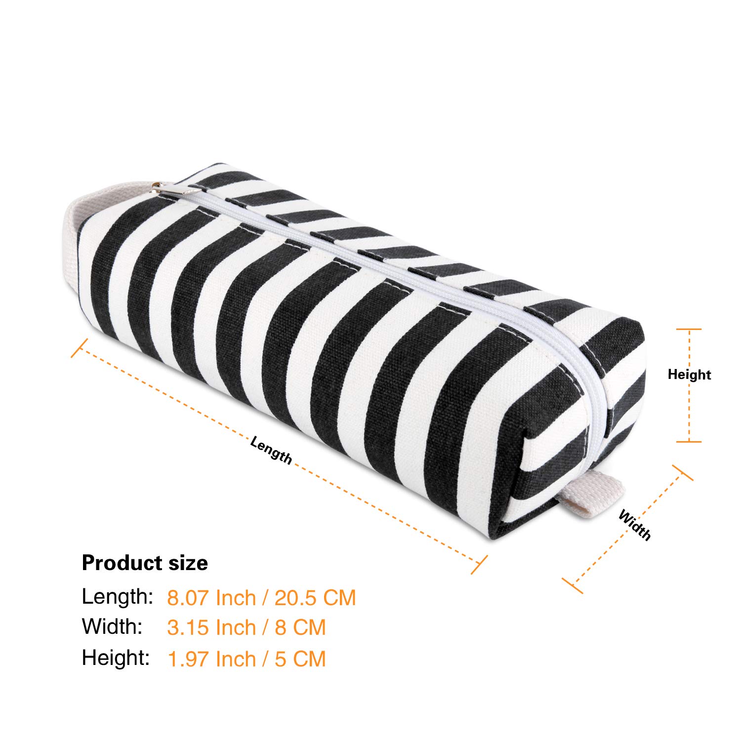 JEMIA Single Compartments Collection 1 Independent Zipper Chambers with Handle Strap Pencil Case (Black White Stripes, Canvas, Medium)