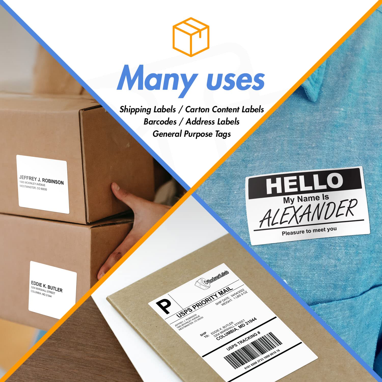 OfficeSmartLabels - 3" x 3" Direct Thermal Labels - Compatible with Zebra & Rollo Desktop Printers and More – 1” Core, Permanent Adhesive & Perforated [500/Roll, 2000 Labels in 4 Rolls]