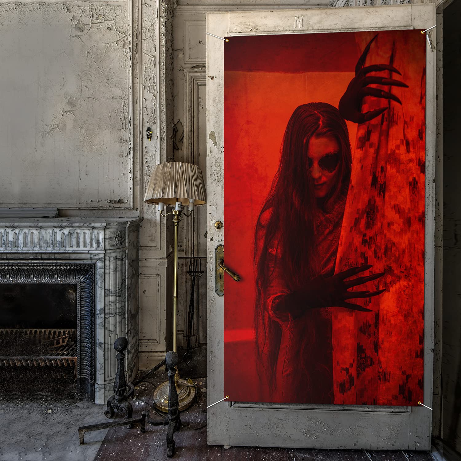 Halloween Theme Backdrop Door Banner Zombie Vampire Creepy Devil Hand Haunted House Terror Theme Happy Halloween Party Decoration Supplies for Men Boys Red