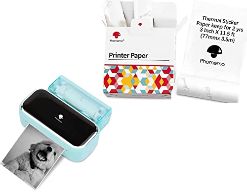Phomemo M03 Pocket Printer- Portable Printer Photo Printer with 3 Roll 3 Inch Black on White, 77mm x 3.5m, 3 Inch X 11.5 ft, Compatible with iOS + Android for Photos, Journalist, Work, Plan-(Green)