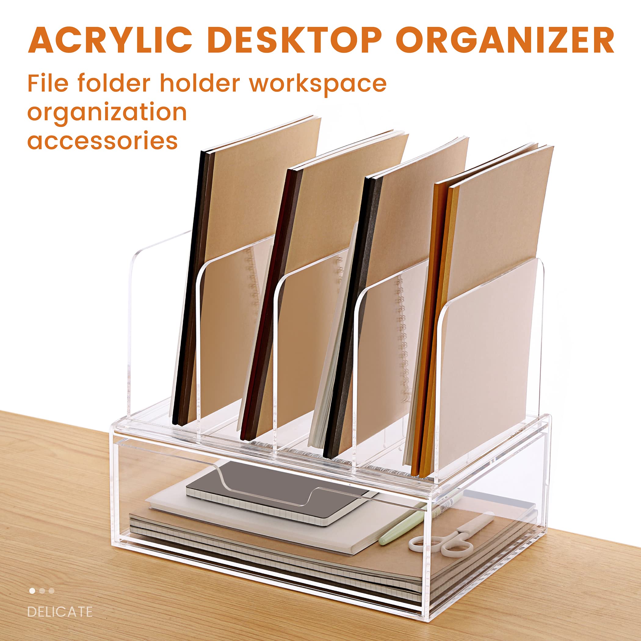 HeZone Acrylic Office Desk Accessories, Desk Organizer Storage whith Drawer-File Organizer for Desk, Clear Acrylic Office Organizer for Work-1Pack
