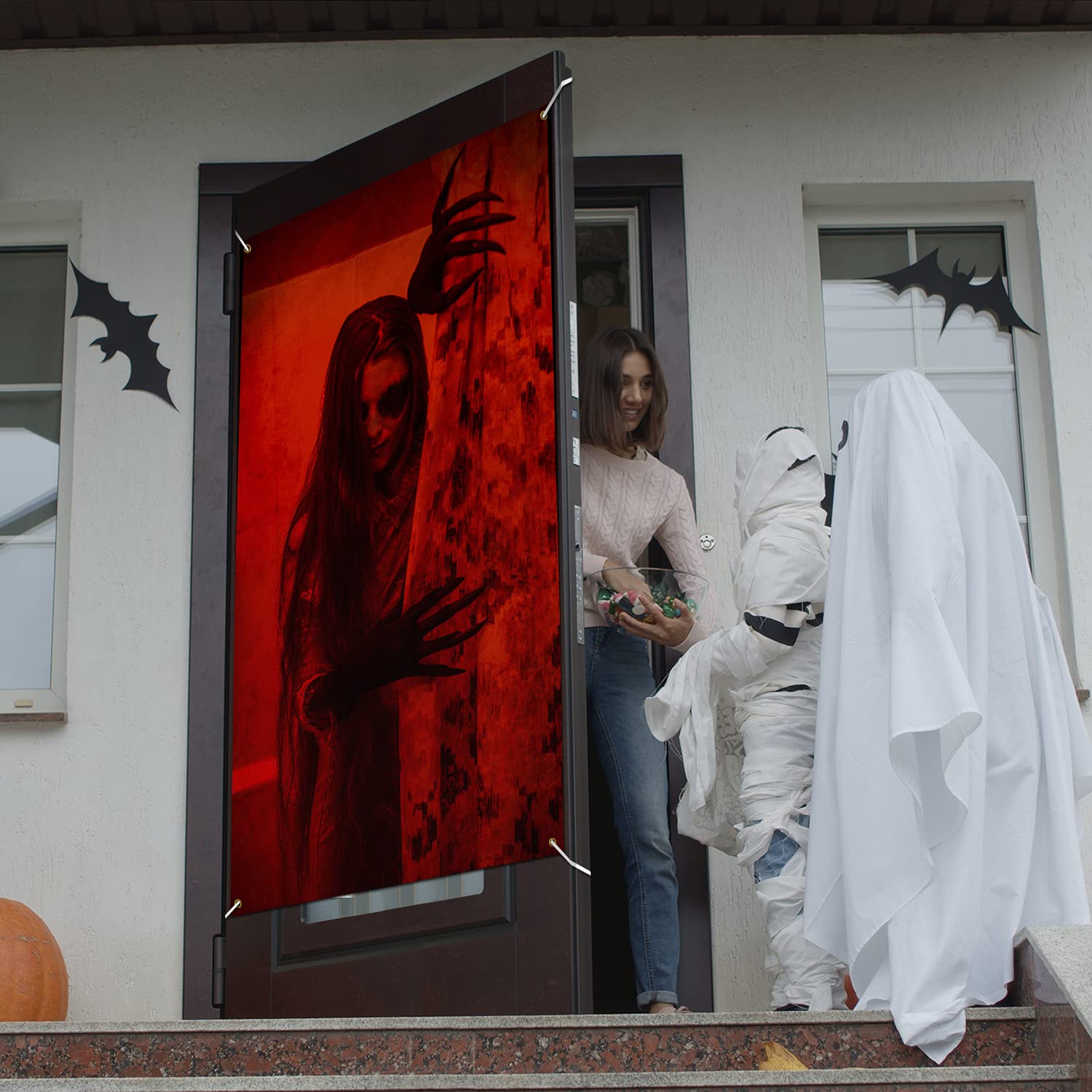 Halloween Theme Backdrop Door Banner Zombie Vampire Creepy Devil Hand Haunted House Terror Theme Happy Halloween Party Decoration Supplies for Men Boys Red
