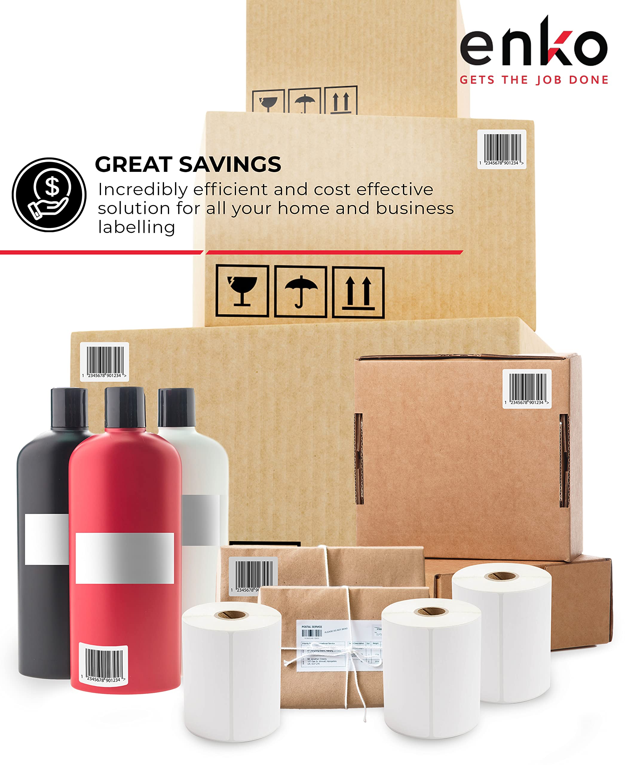 enKo - Direct Thermal Labels Compatible for Zebra/Rollo 4" x 5" Label - 1 in Core - (6 Roll, 1800 Labels)