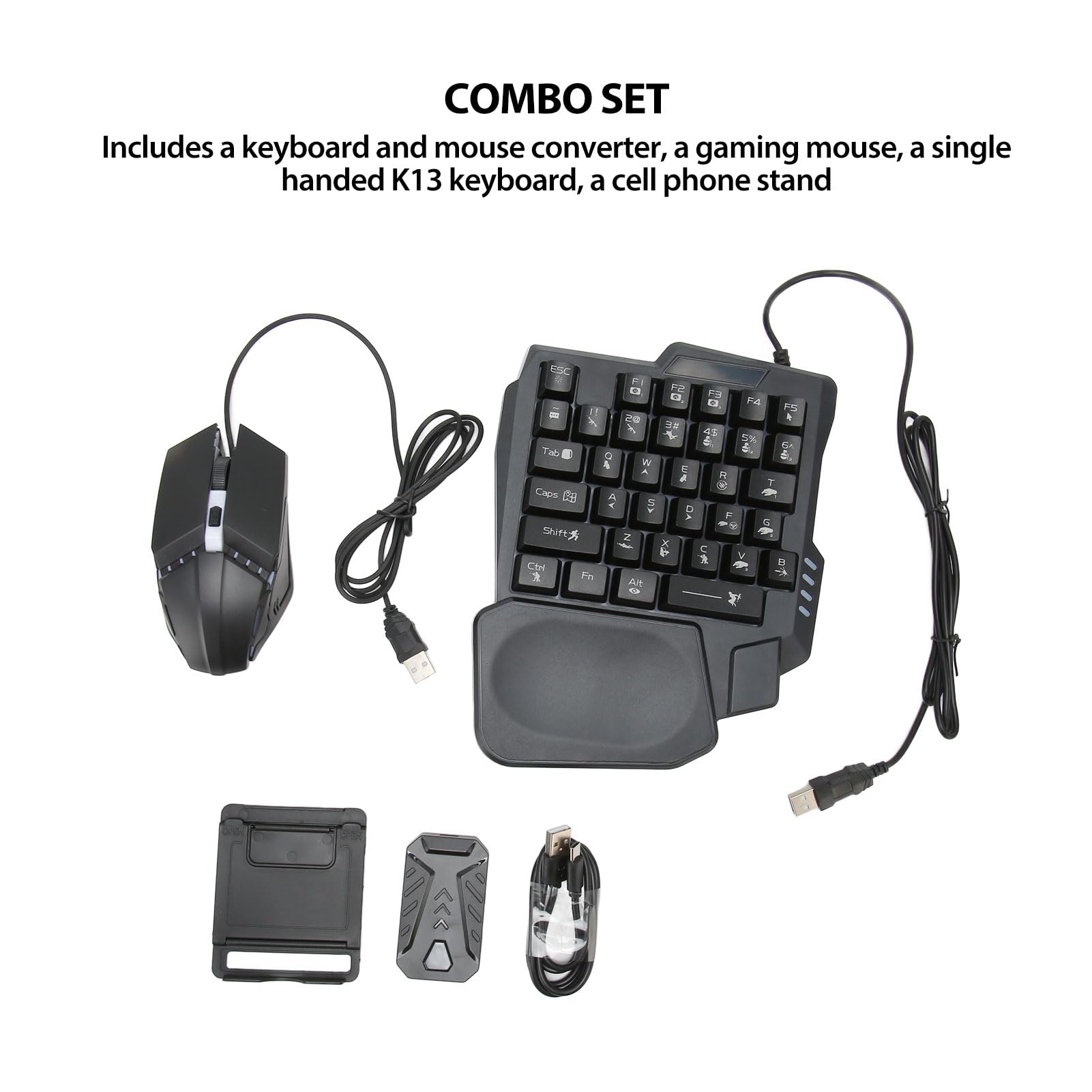 Half Hand Gaming Keyboard and Mouse Combo, 4 in 1 Mobile Game Combo Pack, Mobile Gamepad Controller, One Handed Gaming Keyboard, Mouse Converter, Adjustable Phone Stand