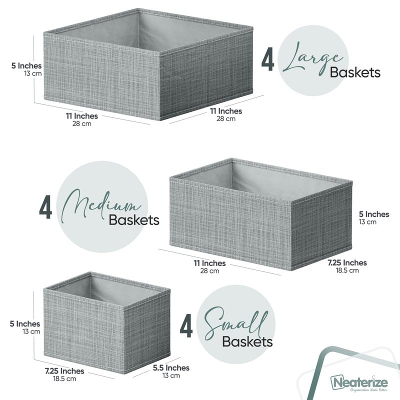 NEATERIZE Drawer Organizer - [Set Of 12] - Closet Organizer and Storage Baskets| Foldable Cloth Drawers Divider | Fabric Bin For Dresser & Shelves |Organize Underwear, Socks, Bra, & Tie’s (Grey)