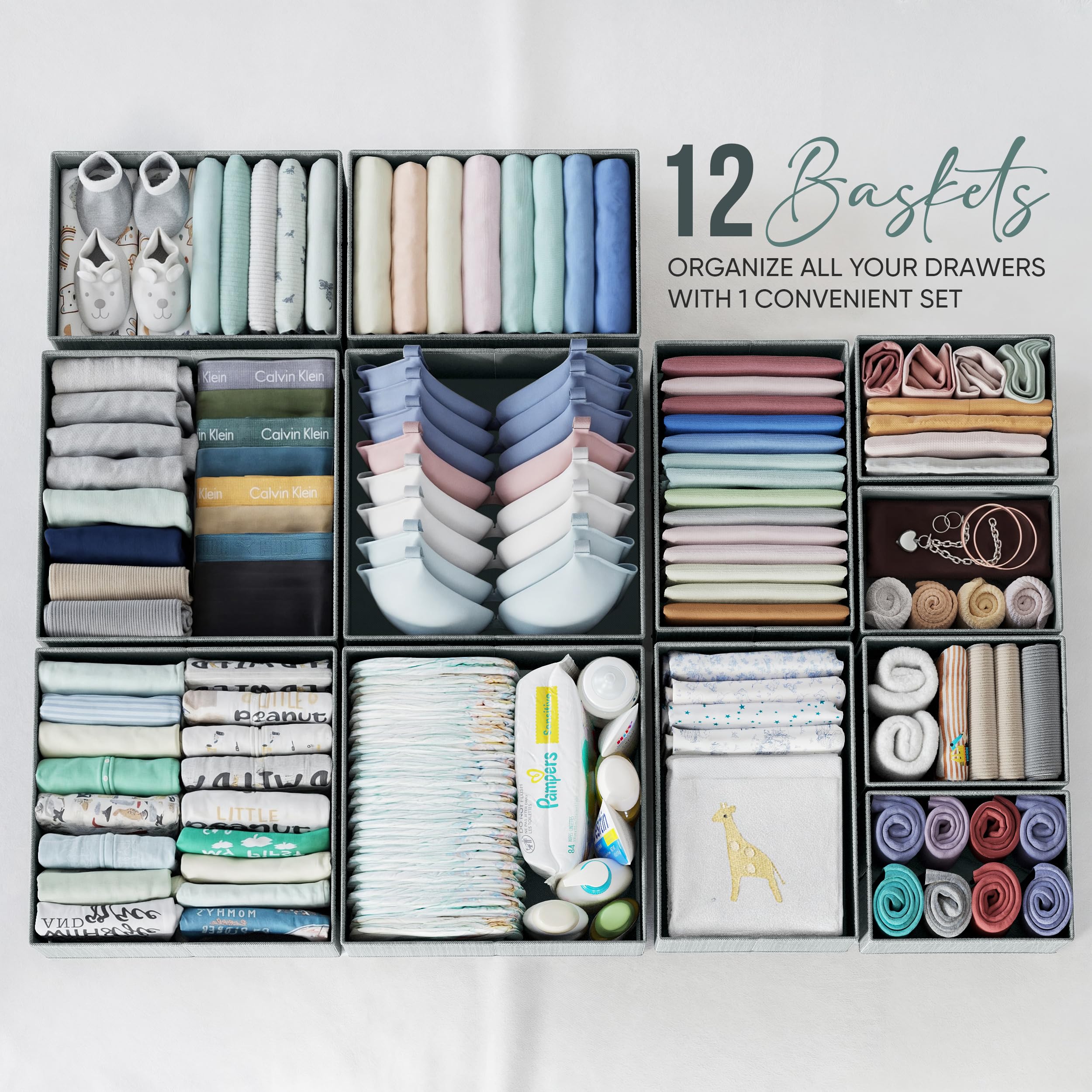 NEATERIZE Drawer Organizer - [Set Of 12] - Closet Organizer and Storage Baskets| Foldable Cloth Drawers Divider | Fabric Bin For Dresser & Shelves |Organize Underwear, Socks, Bra, & Tie’s (Grey)