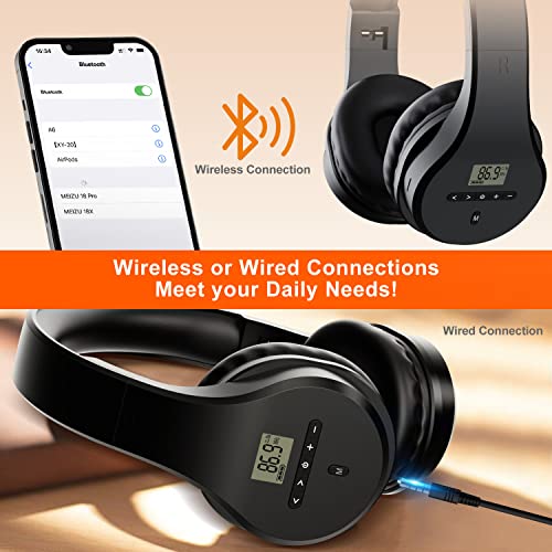 Portable Rechargeable FM Radio Headphones Bluetooth Earmuffs, Transistor Radios with Best Reception, Wireless Radio Headset Built-in Mic, Support TF Card. Walkman Radio for Mowing,Jogging, Working