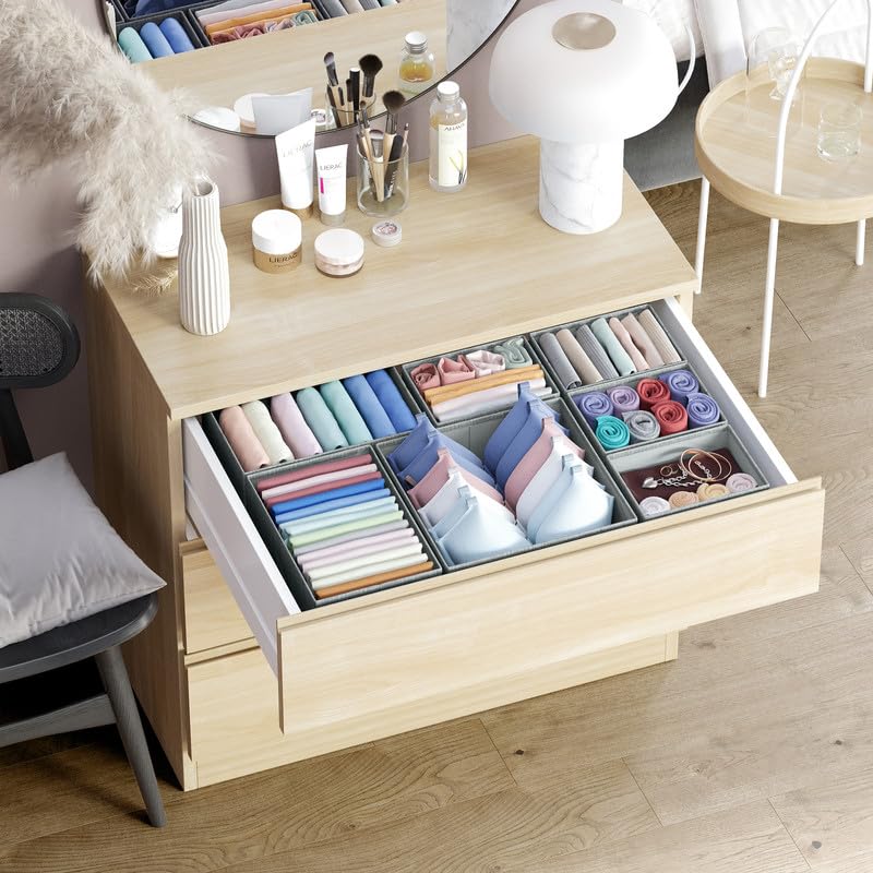 NEATERIZE Drawer Organizer - [Set Of 12] - Closet Organizer and Storage Baskets| Foldable Cloth Drawers Divider | Fabric Bin For Dresser & Shelves |Organize Underwear, Socks, Bra, & Tie’s (Grey)