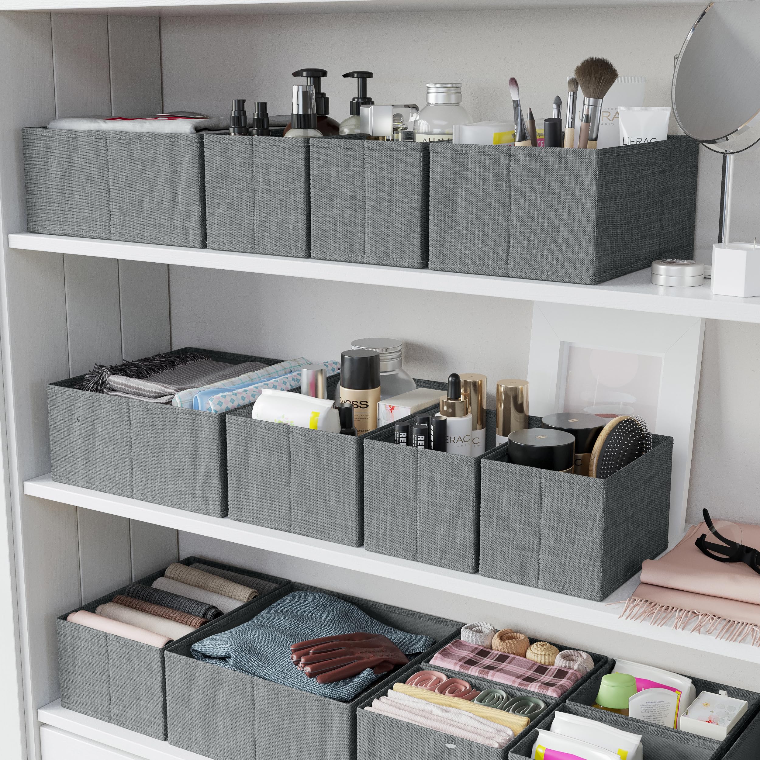 NEATERIZE Drawer Organizer - [Set Of 12] - Closet Organizer and Storage Baskets| Foldable Cloth Drawers Divider | Fabric Bin For Dresser & Shelves |Organize Underwear, Socks, Bra, & Tie’s (Grey)