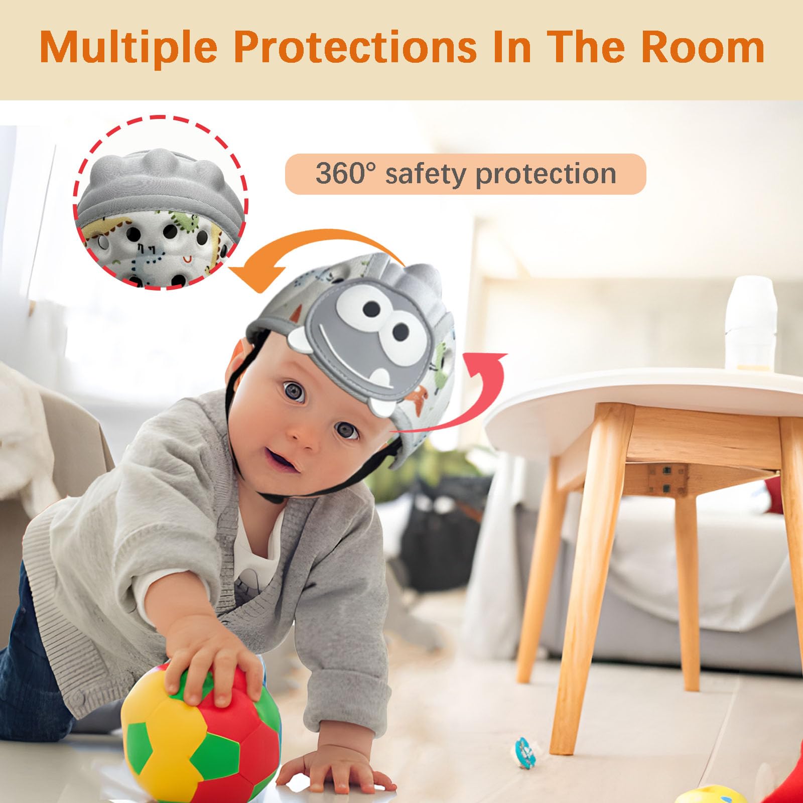 Domayllay Baby Helmet for Crawing Walking,Soft Infant Safety Helmet,Baby Helmet 1-2 Years for Anti-Fall Head Protector,Adjustable, Expandable and Breathable Toddler Walking Helmet,Grey/Purple Pink