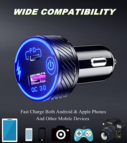 USB C Car Charger, VAZESWIN QC3.0 & PD Type C Dual USB Port Fast Car Charger Adapter, 30W 5A Fast Charge Car Phone Charger with Blue LED & Touch Switch