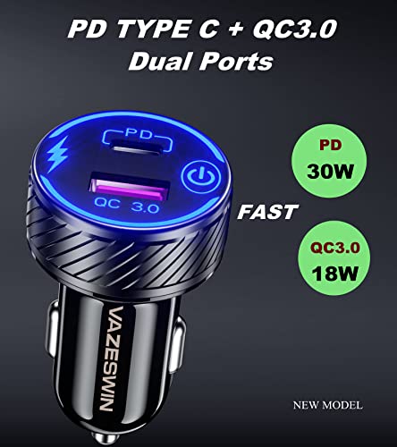 USB C Car Charger, VAZESWIN QC3.0 & PD Type C Dual USB Port Fast Car Charger Adapter, 30W 5A Fast Charge Car Phone Charger with Blue LED & Touch Switch