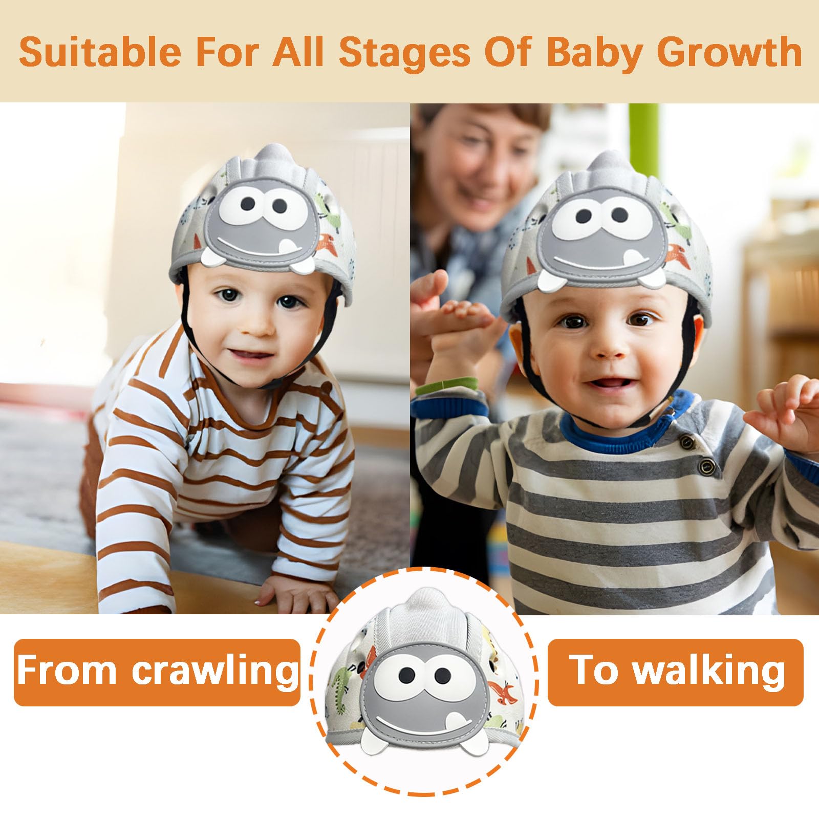 Domayllay Baby Helmet for Crawing Walking,Soft Infant Safety Helmet,Baby Helmet 1-2 Years for Anti-Fall Head Protector,Adjustable, Expandable and Breathable Toddler Walking Helmet,Grey/Purple Pink