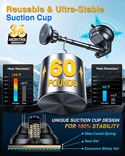 VANMASS Magnetic Car Phone Holder, [Super Strong Magets & Ultra Stable] Suction Cup Phone Holder Aluminium Alloy Structure, Handsfree Dashboard Window Car Mount Compatible with All Phones