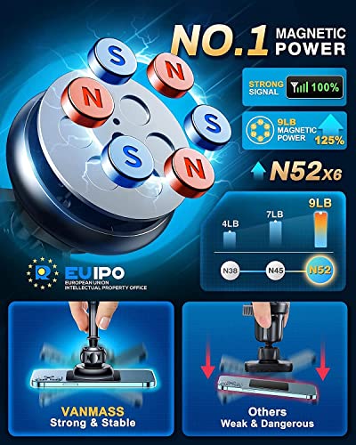 VANMASS Magnetic Car Phone Holder, [Super Strong Magets & Ultra Stable] Suction Cup Phone Holder Aluminium Alloy Structure, Handsfree Dashboard Window Car Mount Compatible with All Phones