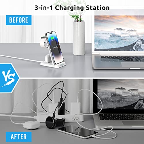 Bauhoo Charger Station for Apple Multiple Devices, 3 in 1 Fast Wireless Charging Dock Stand Watch 8 7 6 SE 5 4 2 iPhone 14 13 12 11 Pro X Max XS XR Plus 6s AirPods with Adapter, White (Z12)