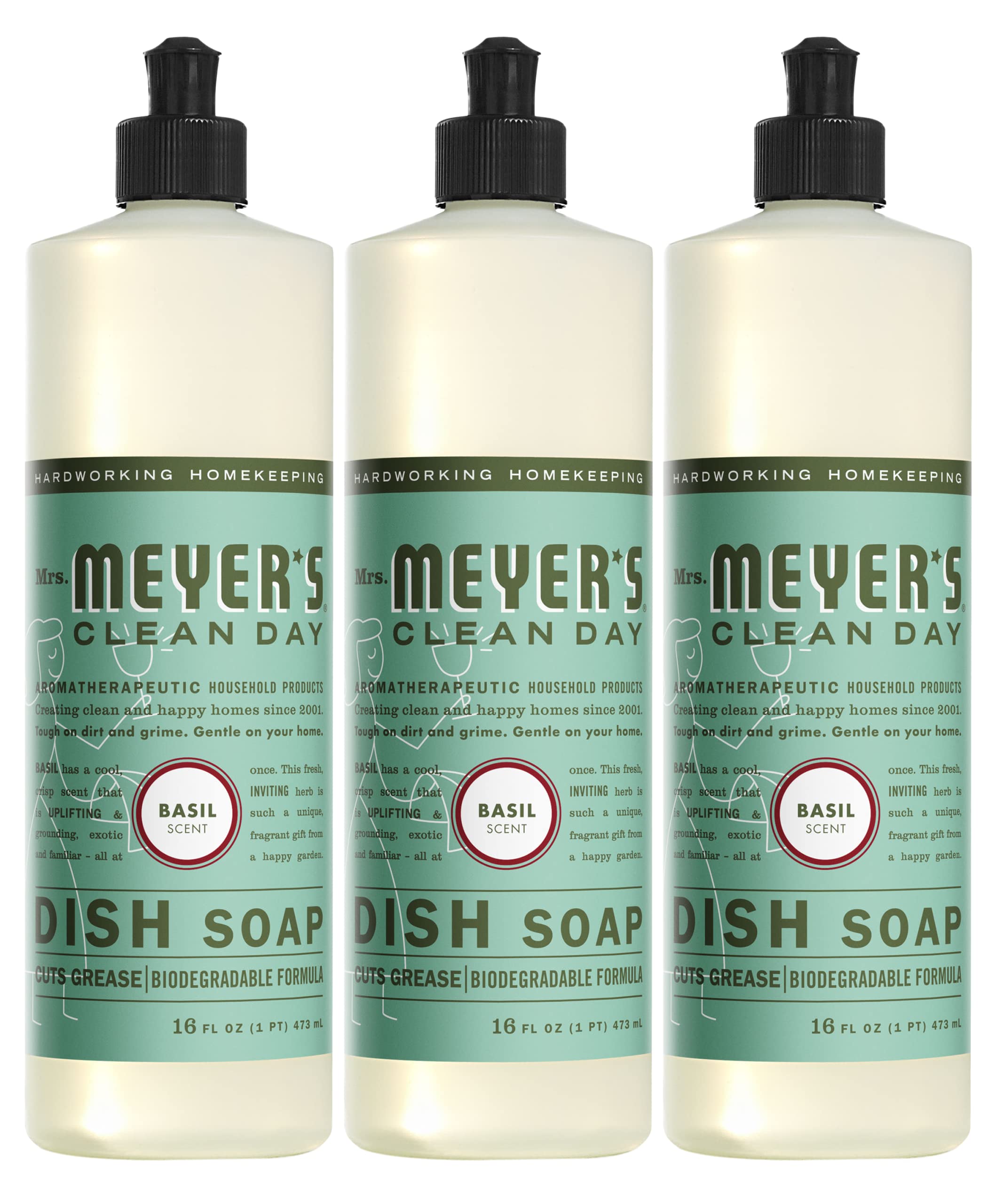 Mrs. Meyer's Liquid Dish Soap, Biodegradable Formula, Basil, 16 fl. oz - Pack of 3