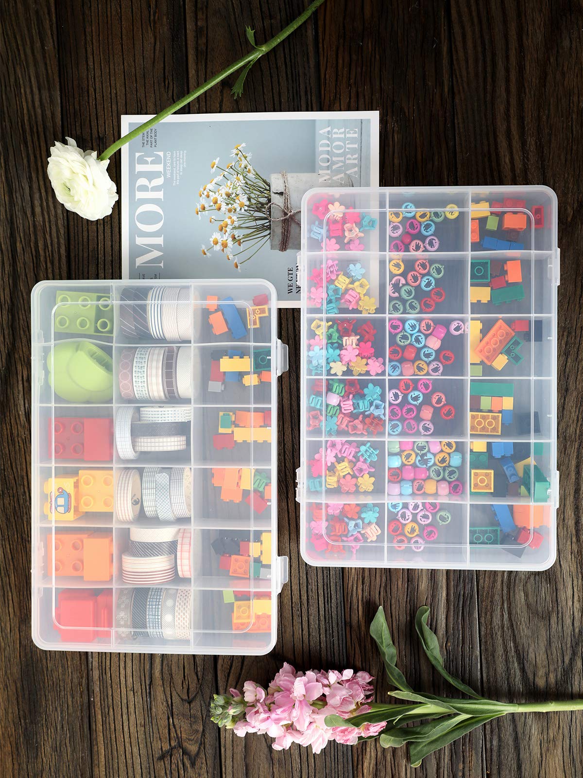 UHOUSE 2 PCS 18 Grids Clear Plastic Organizer Container Storage Box with Adjustable Dividers for Washi TapeJewelry Craft Tackles Tools, Size: 10.4 x 6.8 x 1.1 in (Clear)