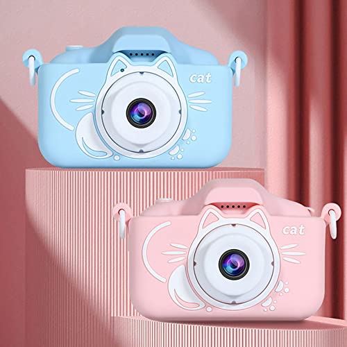 New Cat Cartoon Children's Camera, Front and Rear Double Lens 20 Million Selfie Camera with 32GB SD Card, HD Selfie Camera for Kids, Parent-Child Gift Camera (Blue)