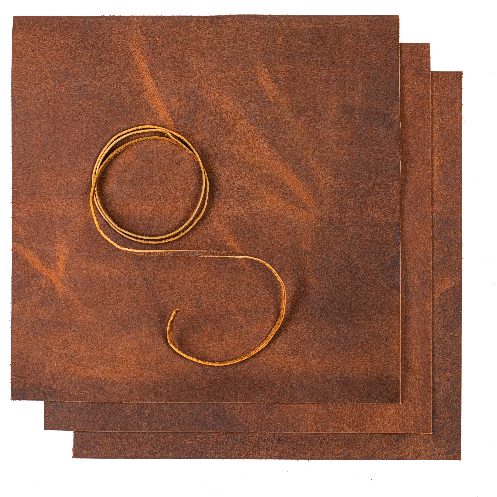 Genuine Leather Sheets for Leather Crafts - Full Grain Buffalo Leather Squares- Great for Jewelry, Leather Wallets, Cricut, Arts & Crafts – Includes 3 Sheets (12x12")+ Leather Cord (36")