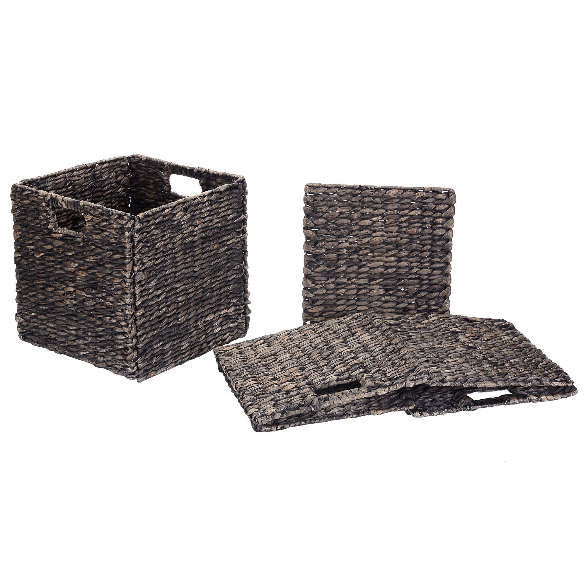 Villacera 12-Inch Square Handmade Wicker Storage Bin, Foldable Baskets made of Water Hyacinth in Black | Set of 2