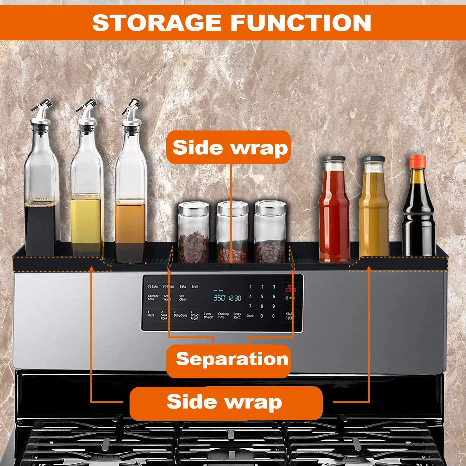 AWOKE Stove Top Shelf 30 Inch - Silicone Material Magnetic Shelf for the Stove - 3 Functional Partitions Kitchen Spice Rack Organizer - Dark Grey