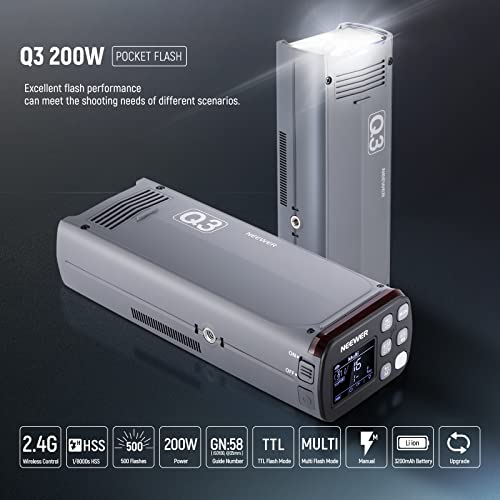 NEEWER Q3 200Ws 2.4G TTL Flash (2nd Version), 1/8000 HSS GN58 Strobe Light Portable Photography Monolight with Softbox Diffuser/3200mAh Lithium Battery/500 Full Power Pops/Recycle in 0.01-1.8s