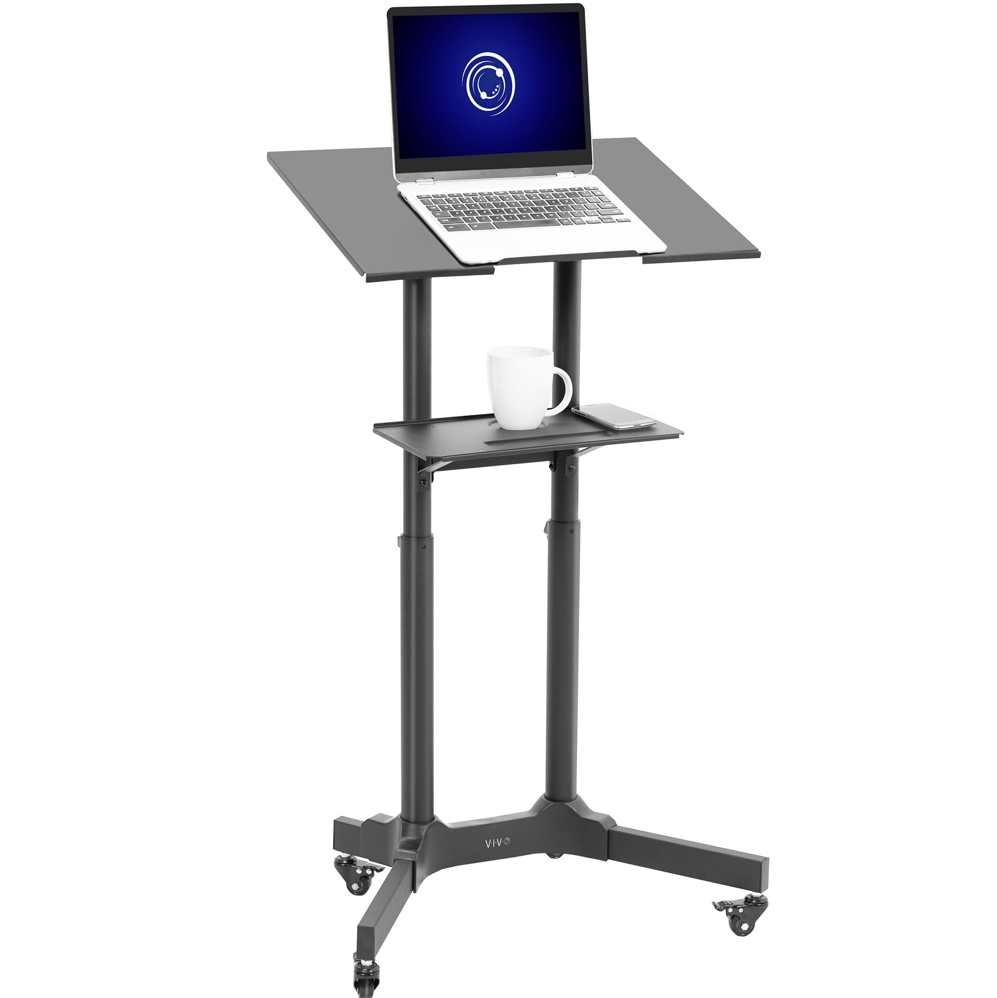VIVO Steel Mobile 24 inch Height Adjustable Multi-Purpose Rolling Podium, Lectern, and Laptop Workstation Desk with Storage Tray, Black, CART-V03E
