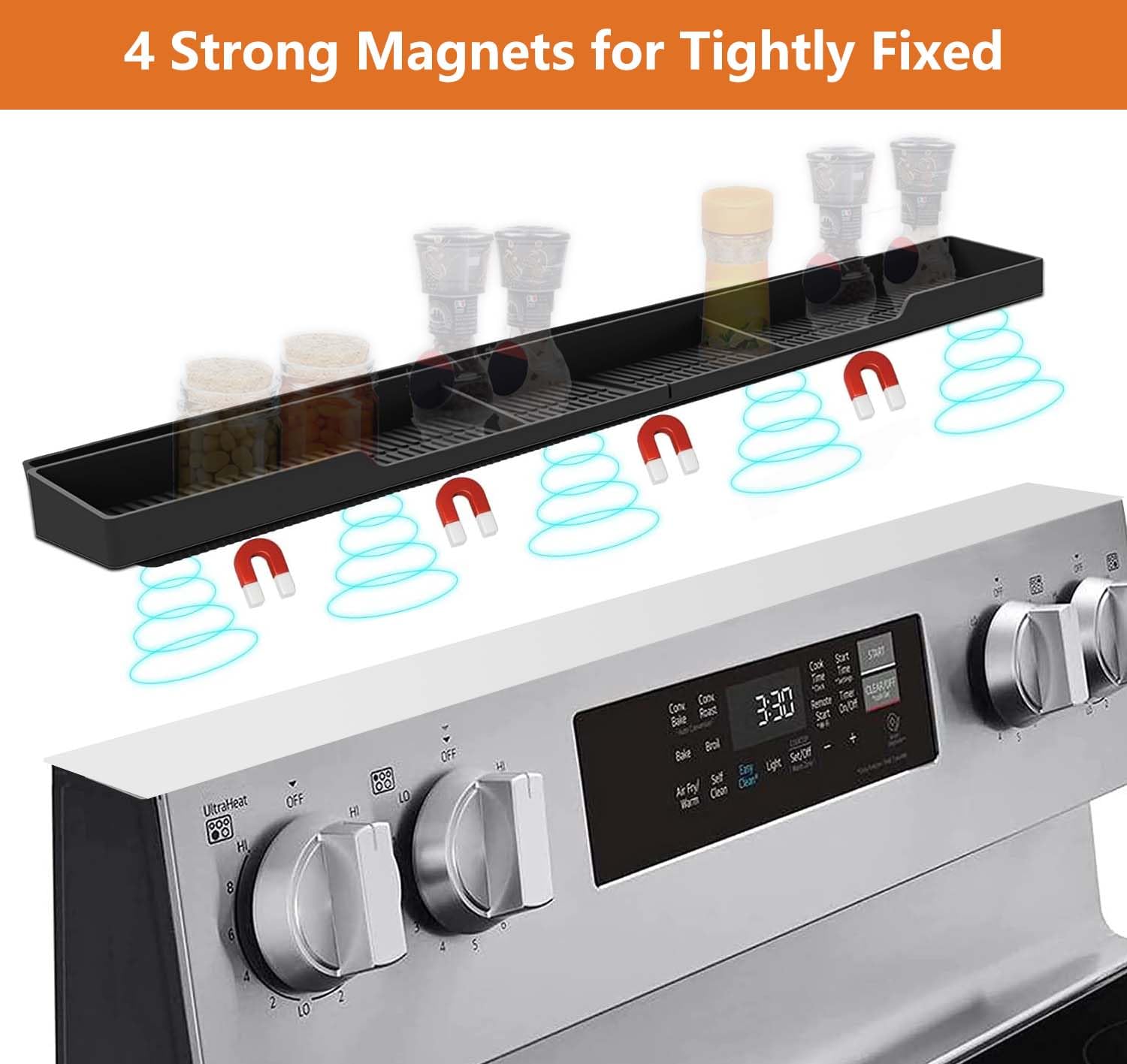 AWOKE Stove Top Shelf 30 Inch - Silicone Material Magnetic Shelf for the Stove - 3 Functional Partitions Kitchen Spice Rack Organizer - Dark Grey
