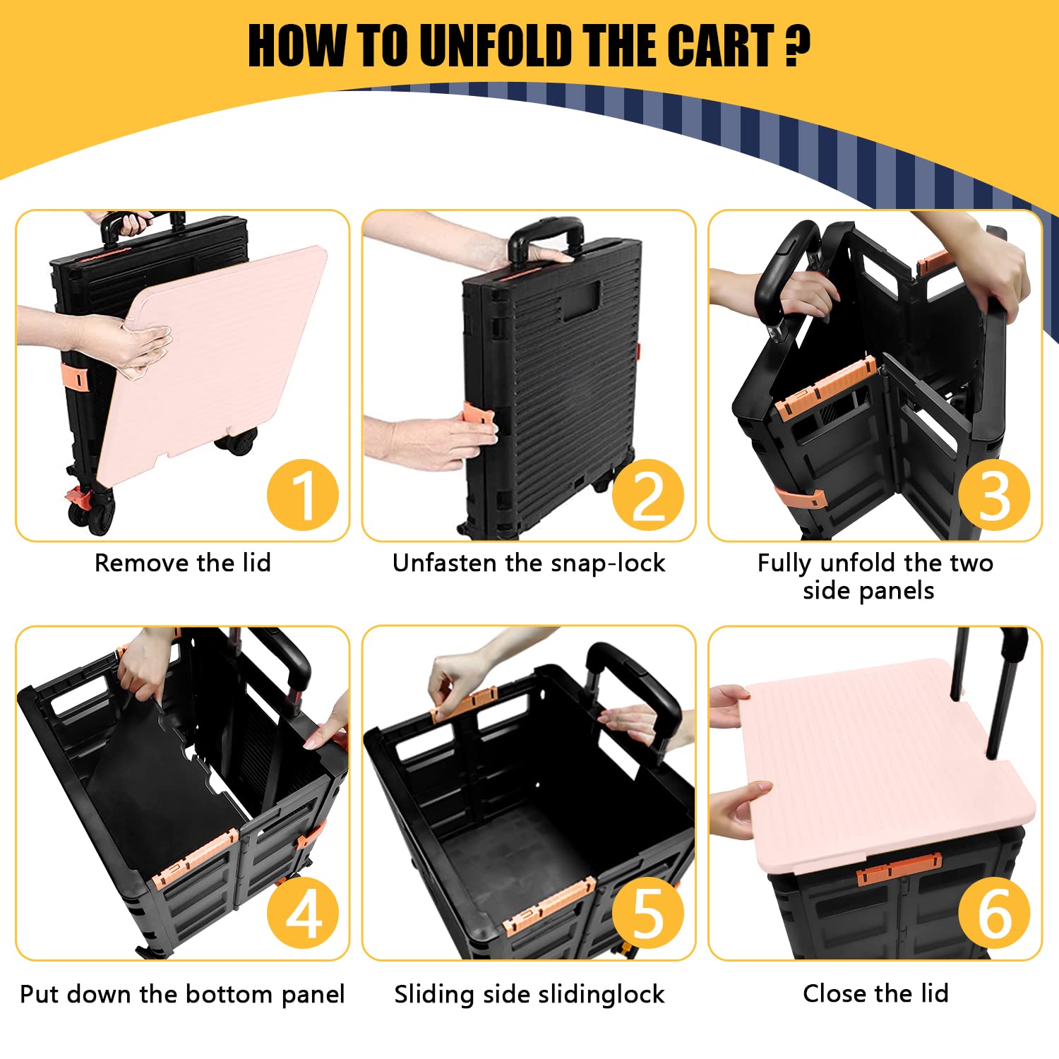 SELORSS Foldable Utility Cart Rolling Crate Handcart 110lbs Large Capacity Shopping Cart with 360°Rotate Noiseless Wheels & Telescoping Handle for Transports Groceries Office School Use(Pink)