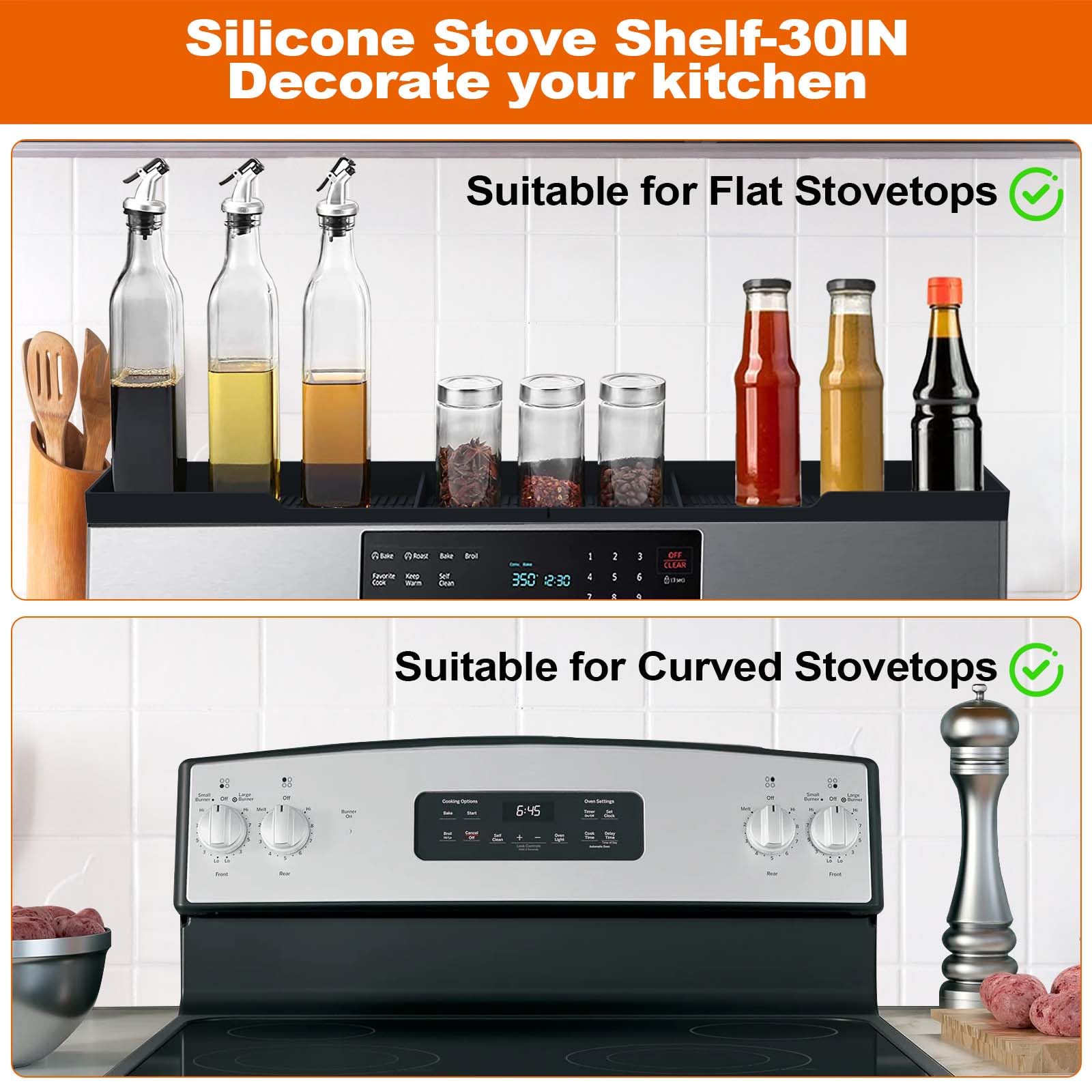 AWOKE Stove Top Shelf 30 Inch - Silicone Material Magnetic Shelf for the Stove - 3 Functional Partitions Kitchen Spice Rack Organizer - Dark Grey