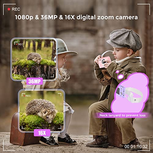 Digital Camera, RUAHETIL FHD 1080P 36MP 2.4 Inch LCD Vlogging Camera for Kids, 16X Zoom 2 Charging Modes Kids Compact Camera Point and Shoot Camera for Kids Teens Students Beginners