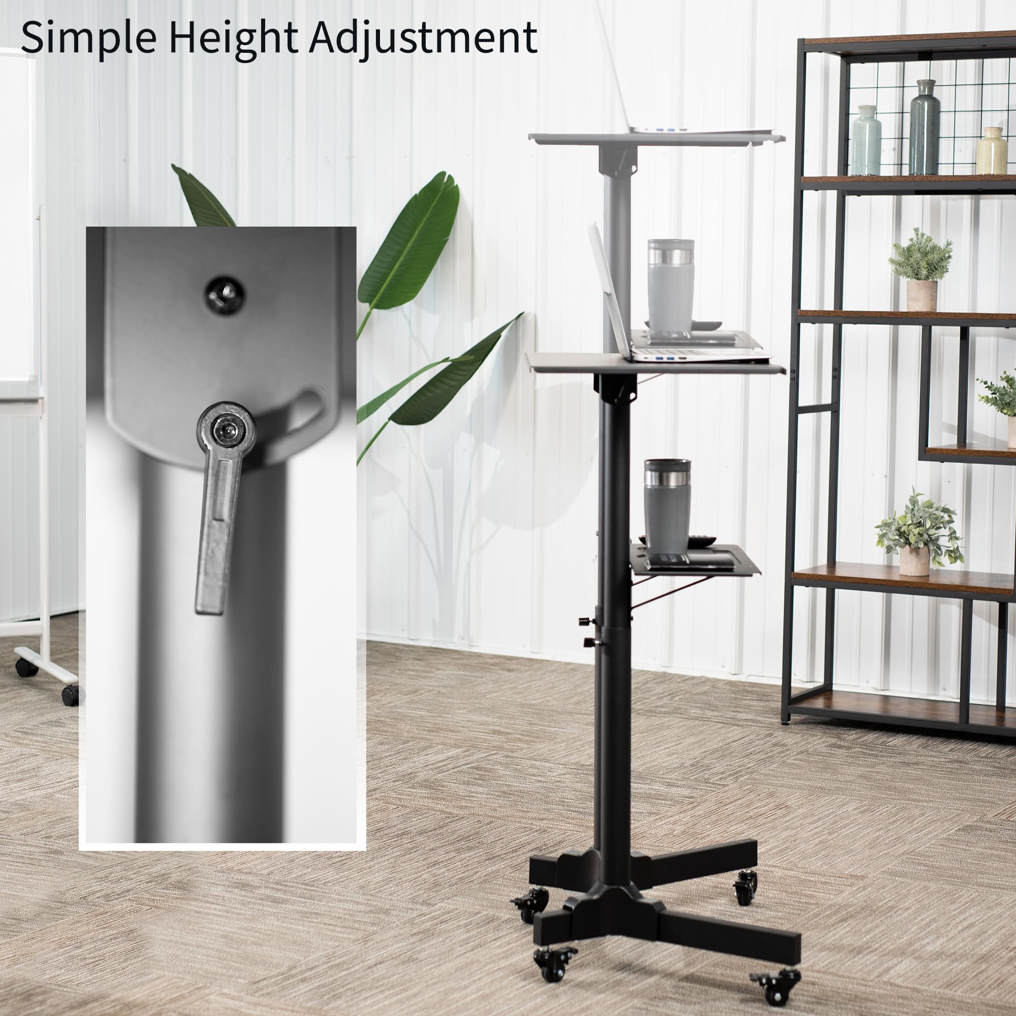VIVO Steel Mobile 24 inch Height Adjustable Multi-Purpose Rolling Podium, Lectern, and Laptop Workstation Desk with Storage Tray, Black, CART-V03E