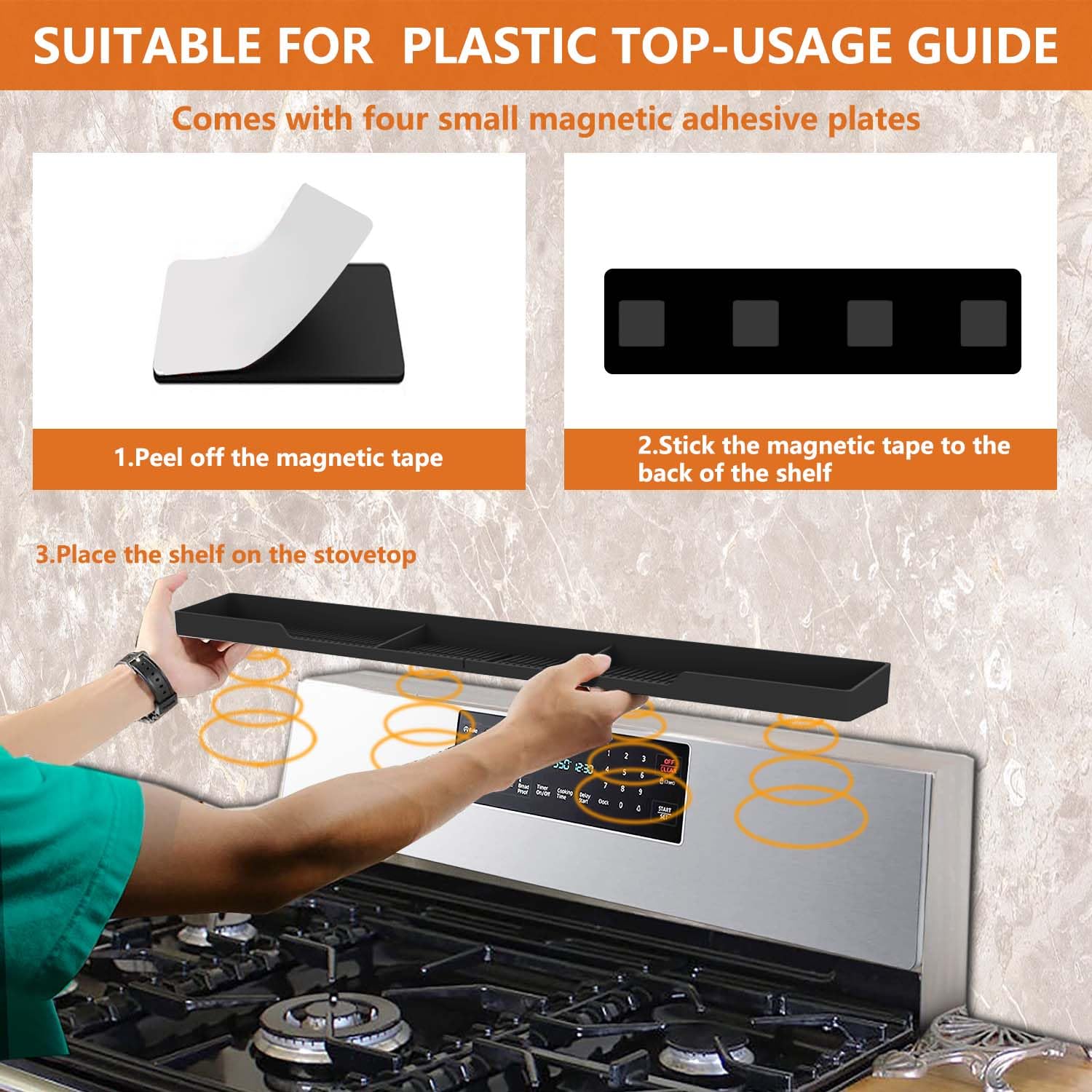 AWOKE Stove Top Shelf 30 Inch - Silicone Material Magnetic Shelf for the Stove - 3 Functional Partitions Kitchen Spice Rack Organizer - Dark Grey