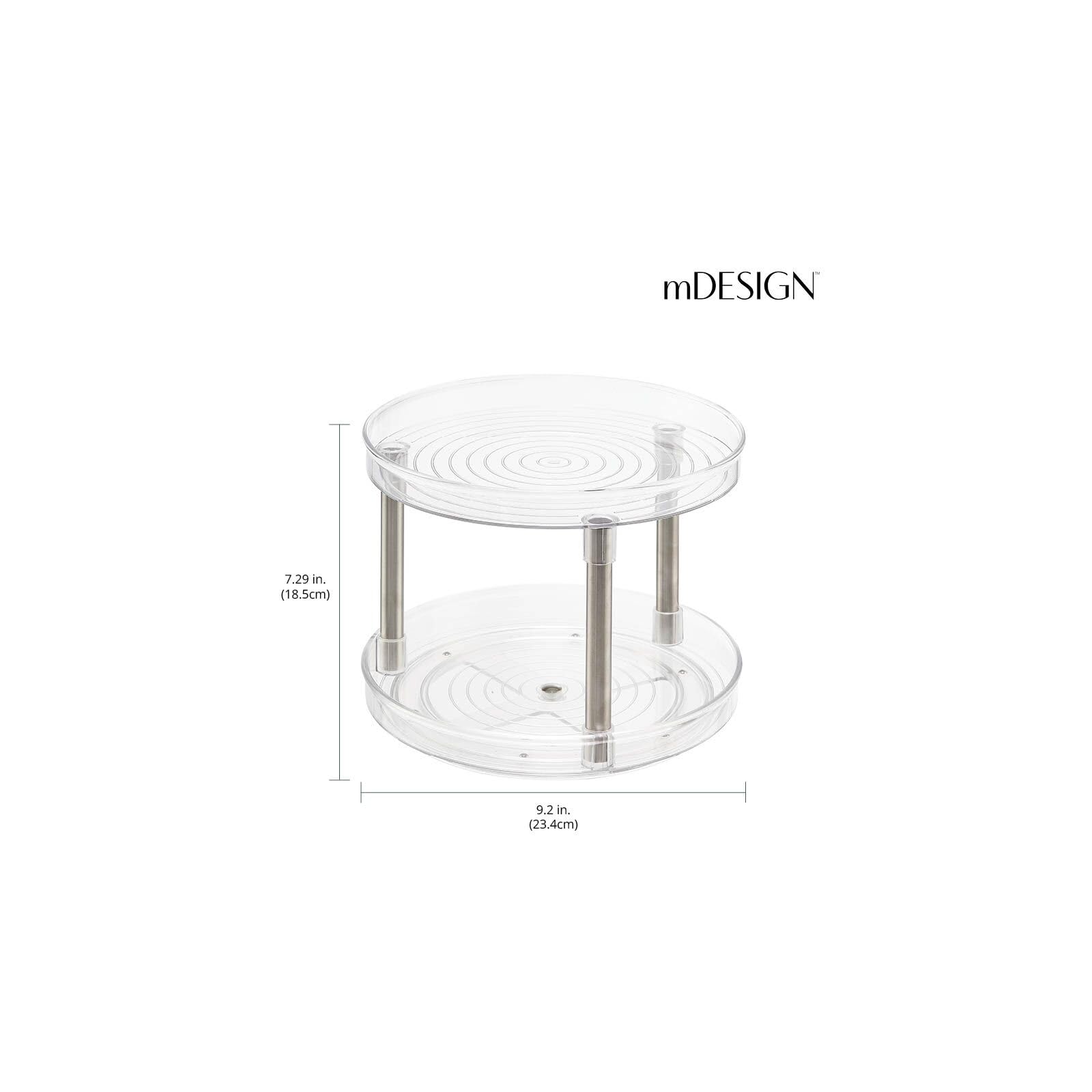 mDesign Plastic Spinning 2-Tier Lazy Susan Turntable Storage Tray - Rotating Organizer for Bathroom Vanity Counter Tops, Under Sink, Closets, Dressers - Clear/Chrome