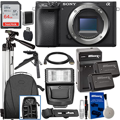 Sony Alpha a6400 Mirrorless Digital Camera (Body Only) with Deluxe Accessory Bundle: SanDisk 64GB Ultra SDXC, Lightweight 50â Tripod, 2X Extended Life Replacement Batteries & Much More