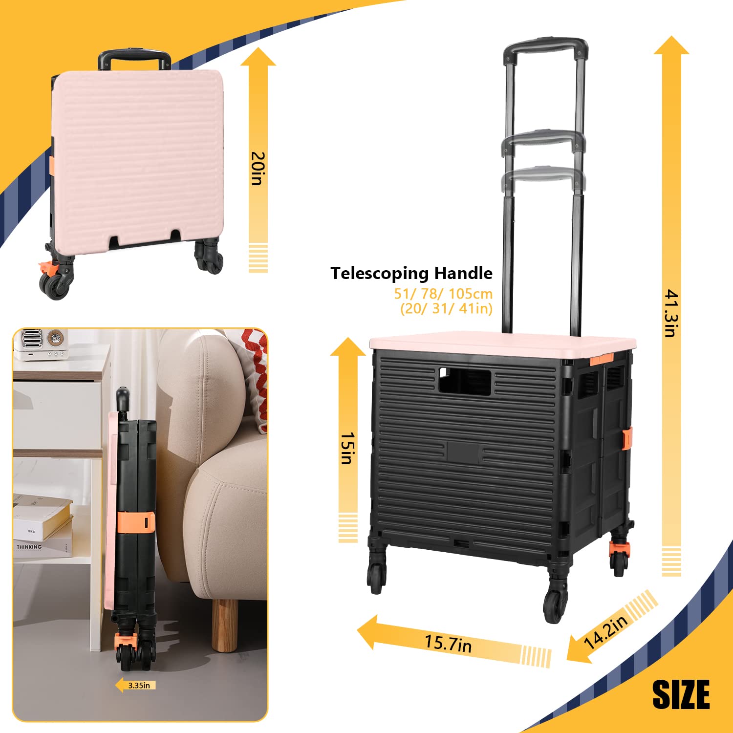 SELORSS Foldable Utility Cart Rolling Crate Handcart 110lbs Large Capacity Shopping Cart with 360°Rotate Noiseless Wheels & Telescoping Handle for Transports Groceries Office School Use(Pink)