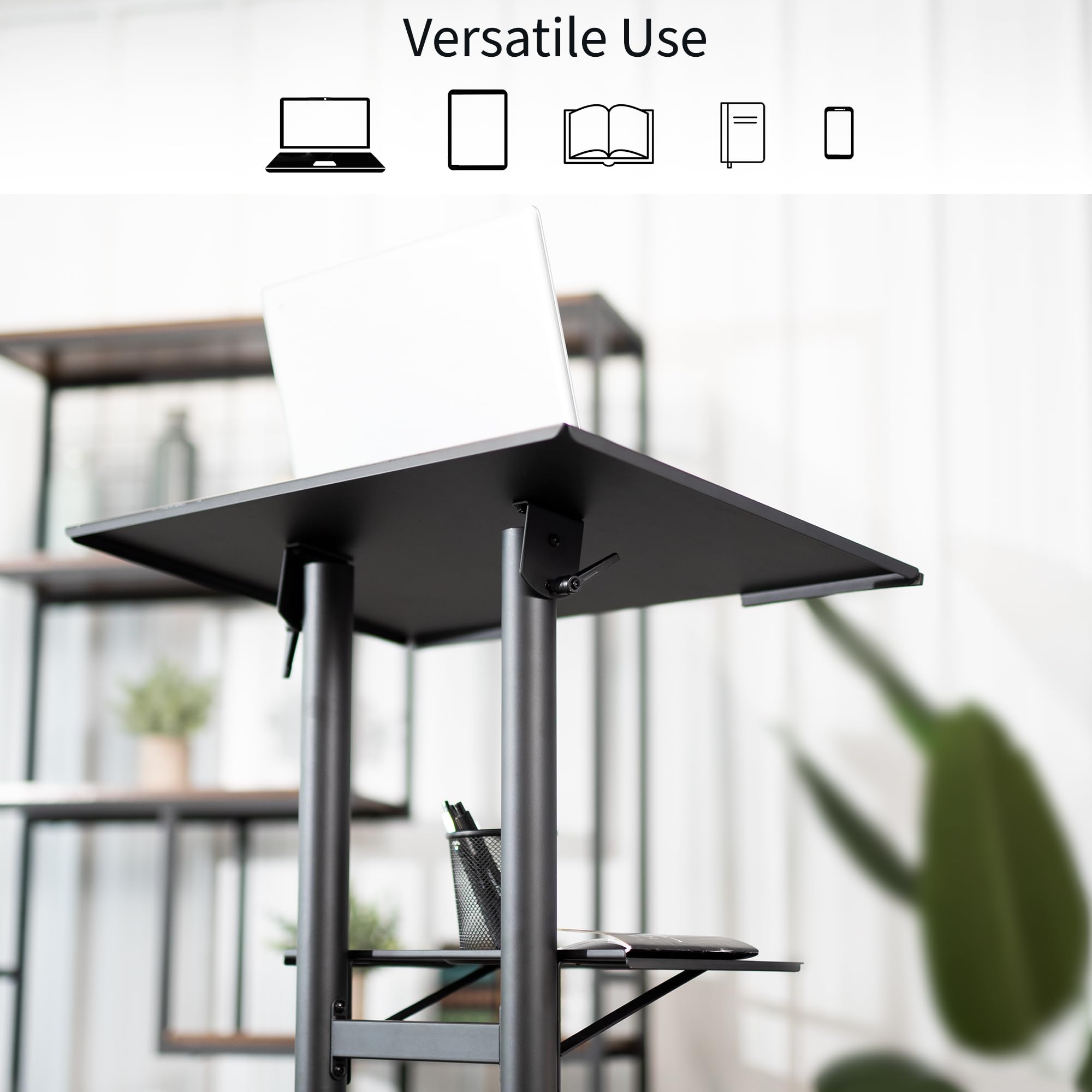 VIVO Steel Mobile 24 inch Height Adjustable Multi-Purpose Rolling Podium, Lectern, and Laptop Workstation Desk with Storage Tray, Black, CART-V03E