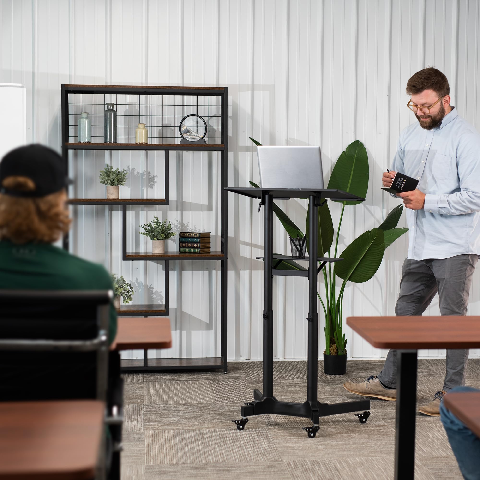 VIVO Steel Mobile 24 inch Height Adjustable Multi-Purpose Rolling Podium, Lectern, and Laptop Workstation Desk with Storage Tray, Black, CART-V03E