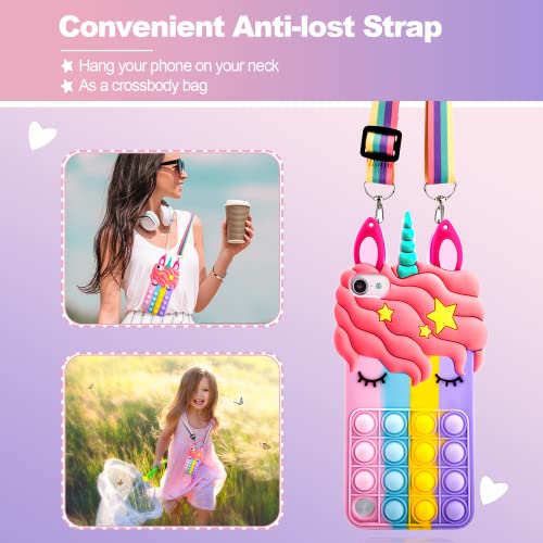 iPod Touch 7 Case, Kakotomy Kawaii Stress Relief Fidget Toy 3D Phone Cases with Strap for Girls Kids Teen, Cute Unicorn Pop it Bubble Silicone Case Protective for Apple iPod Touch 5/6/7th Generation