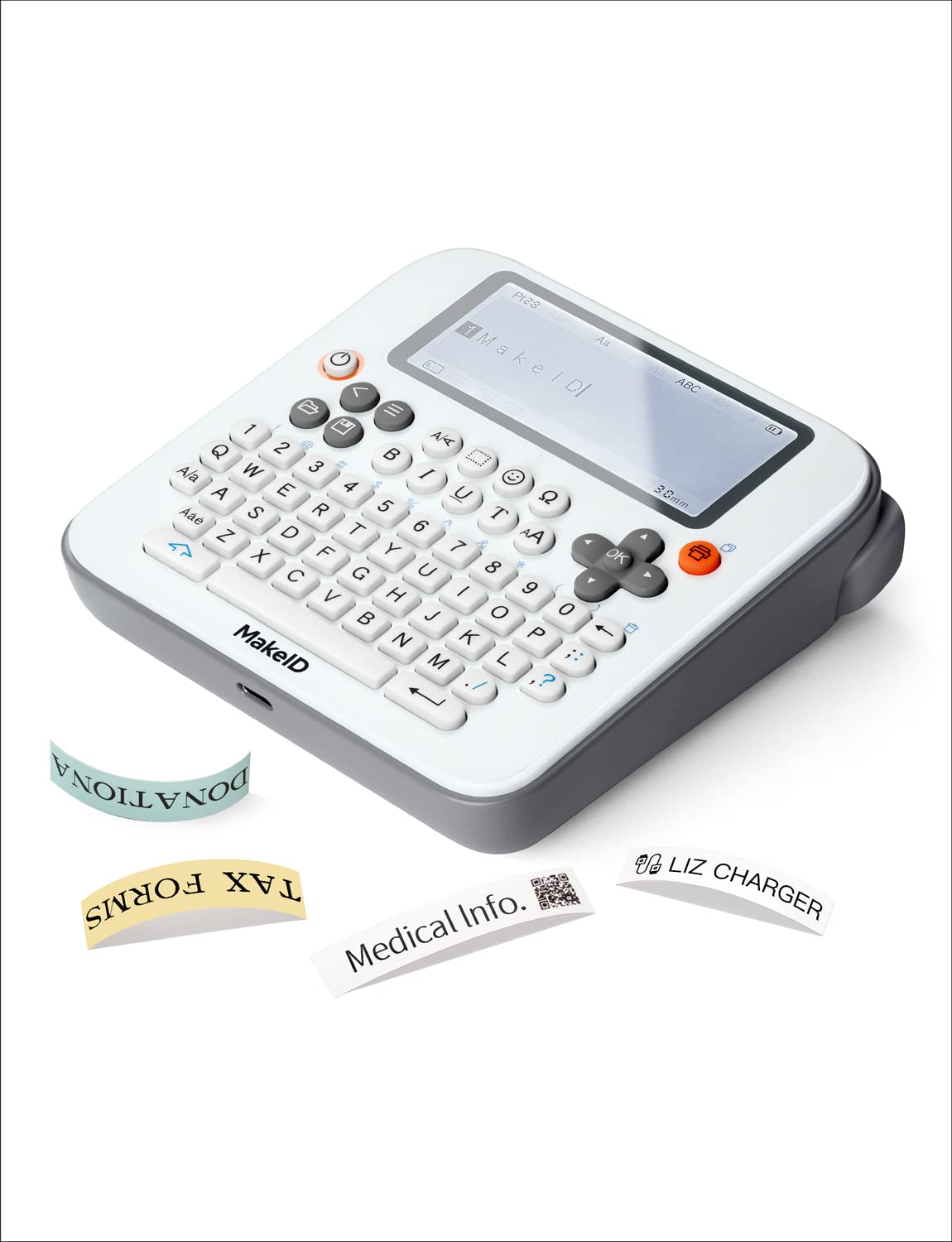 Makeid E1 Portable Label Maker - Bluetooth Compatible Thermal Printer - QWERTY Keyboard, 4.42" LCD Screen - Prints 9mm, 12mm, 16mm Clear Waterproof Sticker Labels - Includes USB Cable