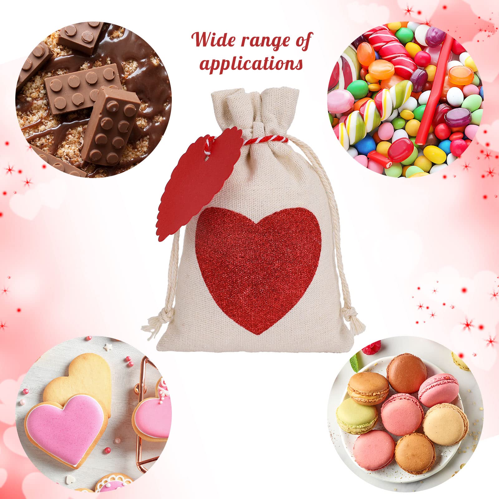 Whaline 20 Pack Valentine's Day Burlap Gift Bag Glitter Red Heart Drawstring Bag with Tag and Cotton Rope Rustic Linen Pouches Sacks for Valentines Party Favors Wedding Bridal Shower Supplies