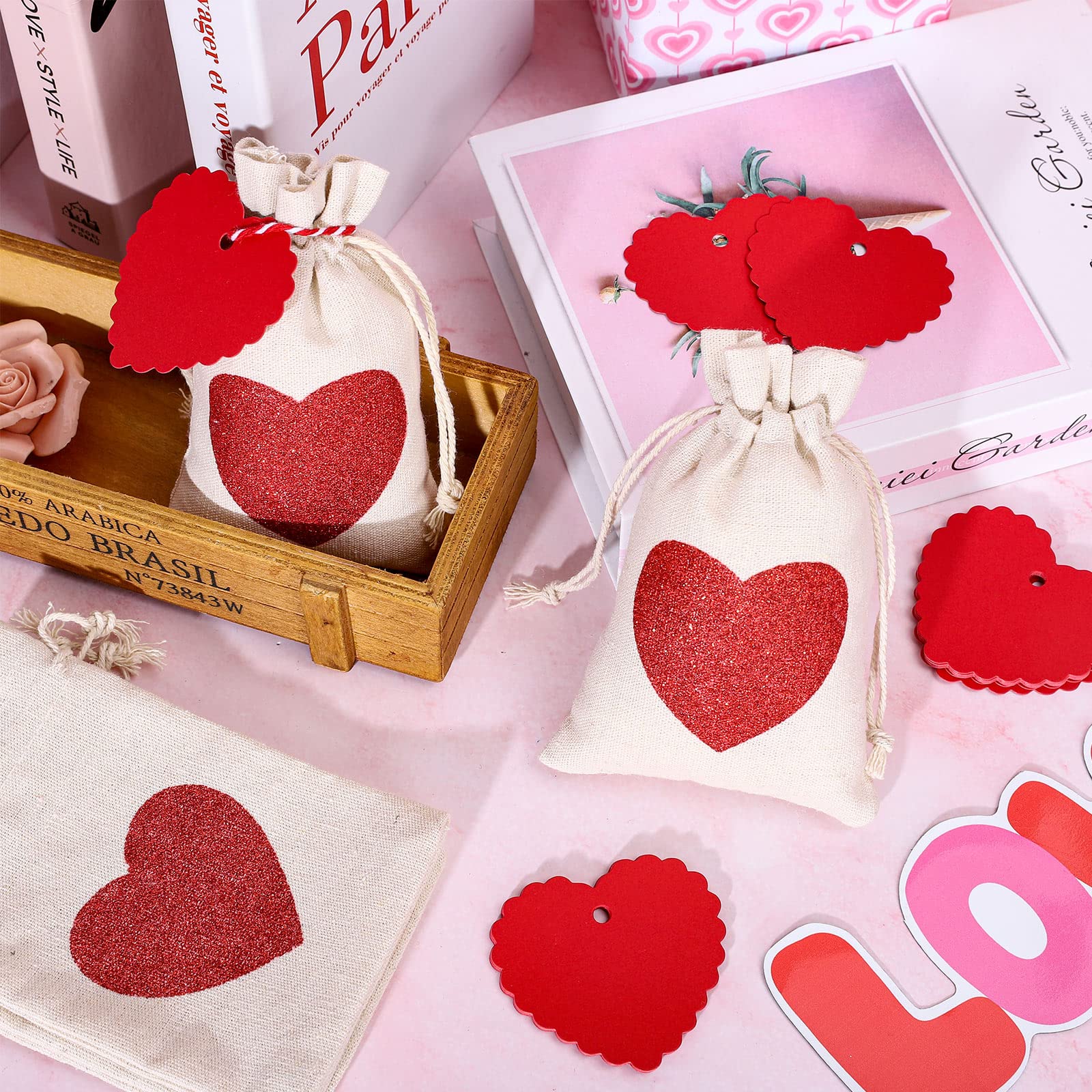 Whaline 20 Pack Valentine's Day Burlap Gift Bag Glitter Red Heart Drawstring Bag with Tag and Cotton Rope Rustic Linen Pouches Sacks for Valentines Party Favors Wedding Bridal Shower Supplies